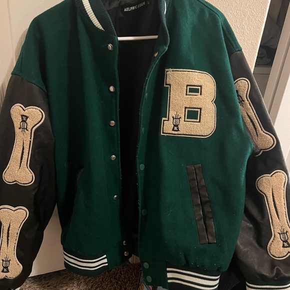 Jackets & Coats | Green And Black Varsity Jacket With Bone Patches ...